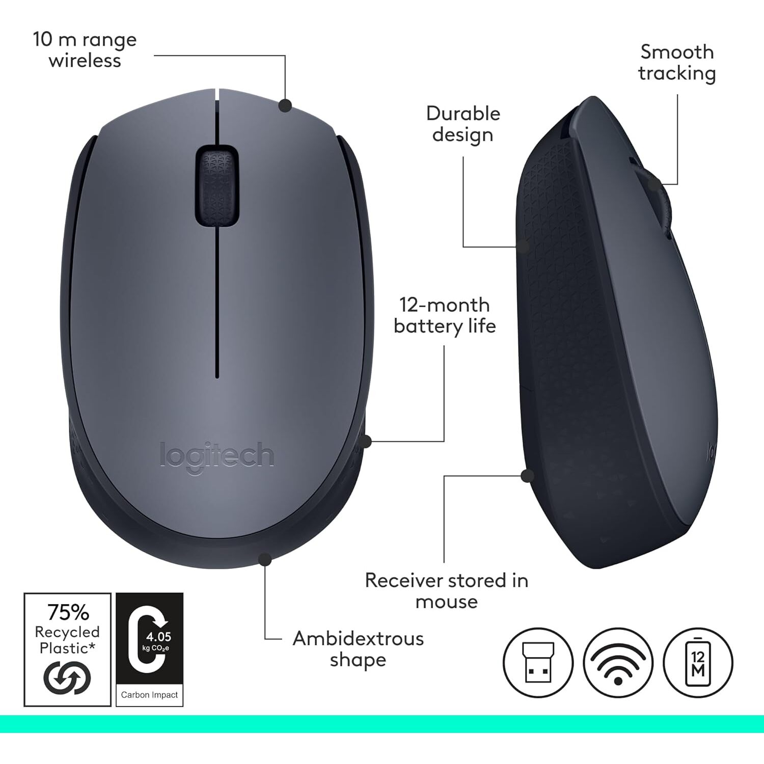 Logitech M170 Wireless Mouse, 2.4 GHz with USB Nano Receiver, Optical ...